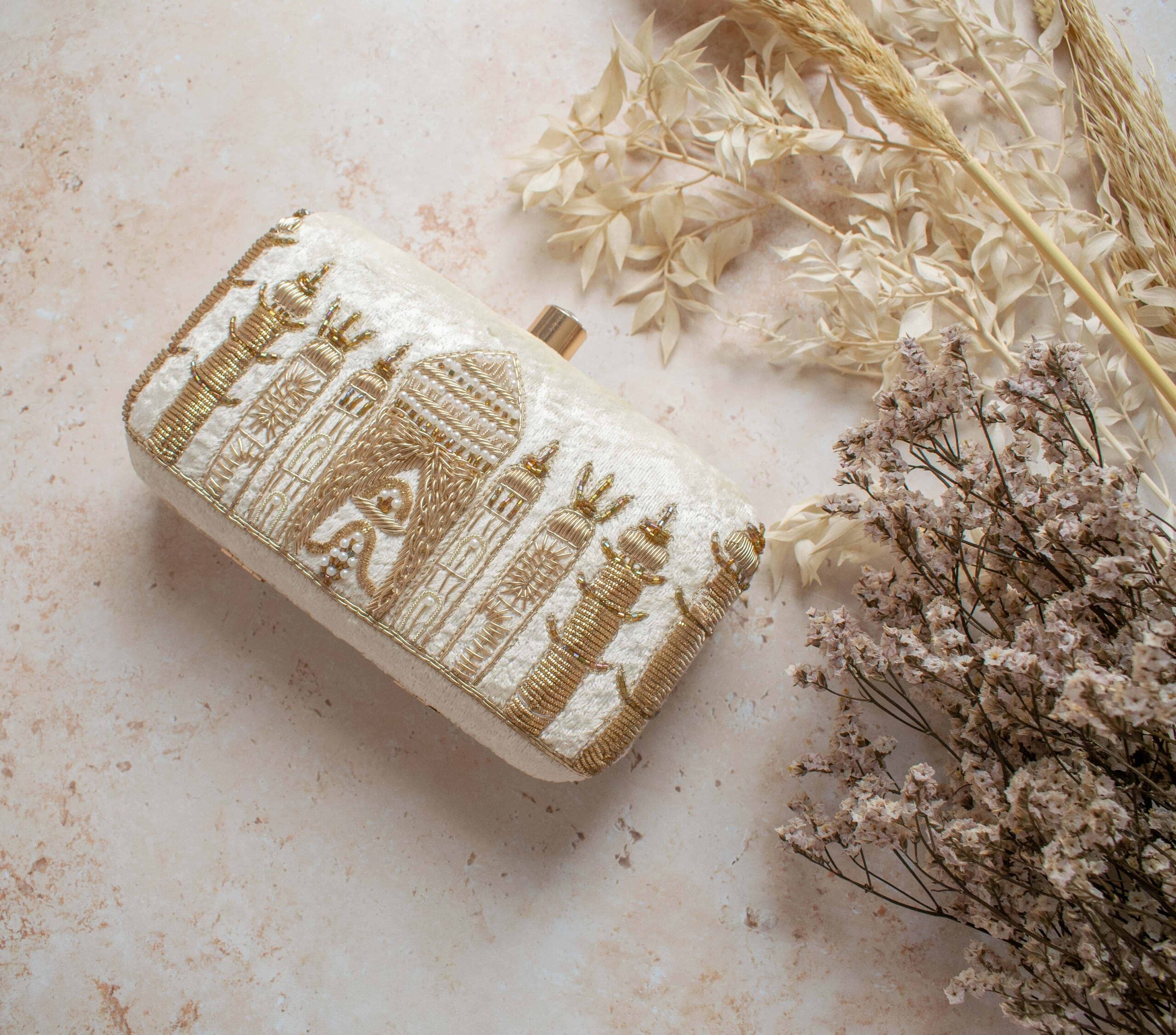Cream Velvet Taj Mahal Clutch | Hand-Embroidered Zardozi Bag – Atiya ...